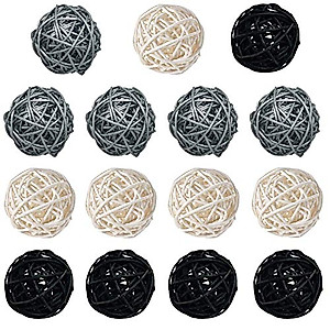 15-Pack Multiple Color White Black Silver Wicker Rattan Balls - Decorative Orbs Natural Spheres Craft DIY, Wedding Decoration, Christmas Tree, House Ornaments Vase Filler - 3 Colors Assorted, 50 mm