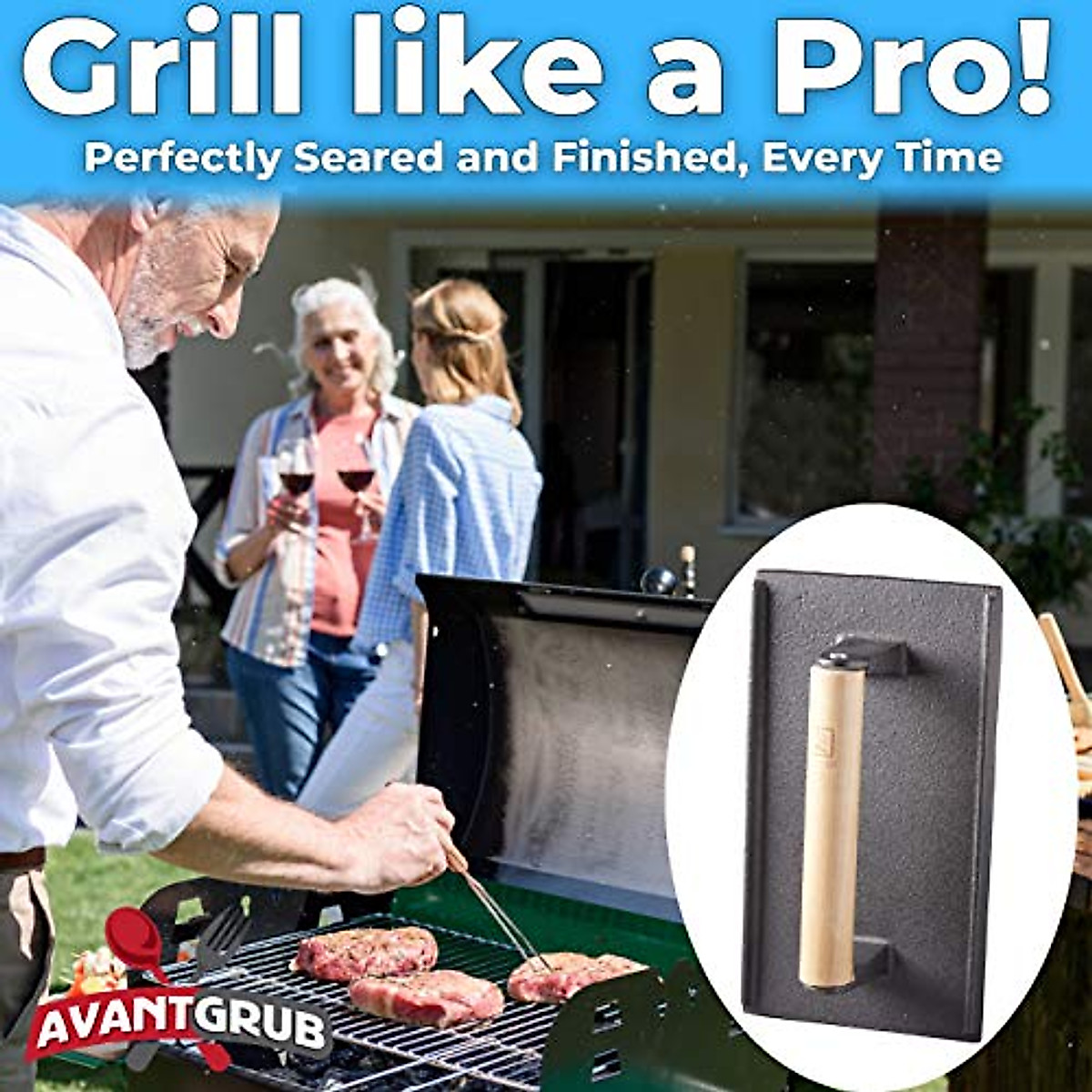 Pro Grade, Pre Seasoned Cast Iron Grill Weight 2Pk. Heavy Duty Steak and Burger Press with Wooden Handle for Grills, Griddles and Flattops. Perfect Gadget for Bacon, Paninis, Sandwiches and Vegetables