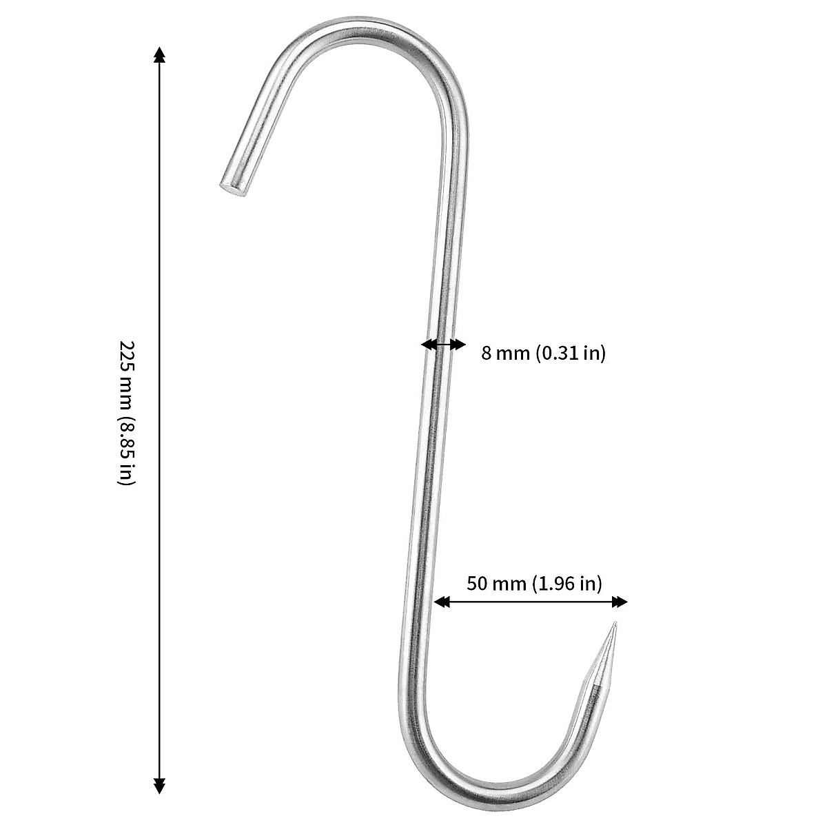 JAPCHET 20 Pack 9 Inch Meat Hooks, 8mm Thick Heavy Duty Meat Hooks, Stainless Steel Butcher Hooks Meat Processing Hook for Hanging, Butchering and Smoking, Silver