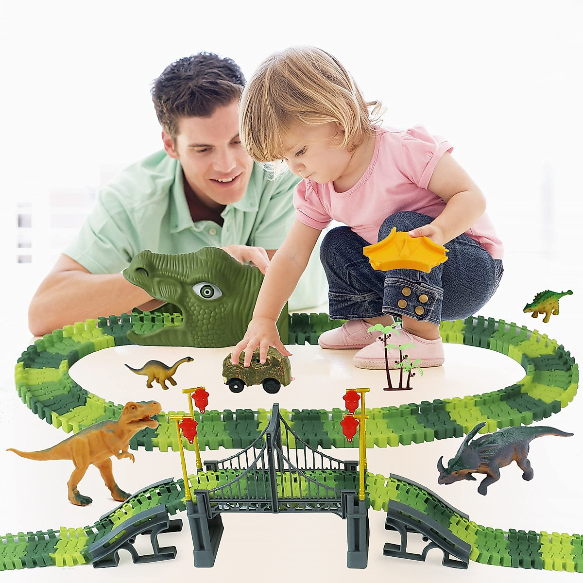 IQKidz Dinosaur World Race Track Toys - 216pcs Flexible Track Playset with 1 Dinosaur Car, 1 Race Car, 6 Dino Toys, for Kids 3 4 5 6 Year & Up Old (Boys and Girls)