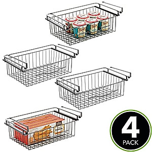 mDesign Large Metal Wire Hanging Pullout Drawer Basket - Sliding Under Shelf Storage Organizer - Attaches to Shelving - Easy Install - 4 Pack - Graphite Gray