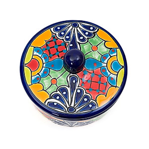 Enchanted Talavera Traditional Authentic Mexican Hand Painted Talavera Ceramic Tortilla Warmer Bowl With Lid Colorful Spanish Mexican Serveware Roti Pancakes Party Serving, Turquoise