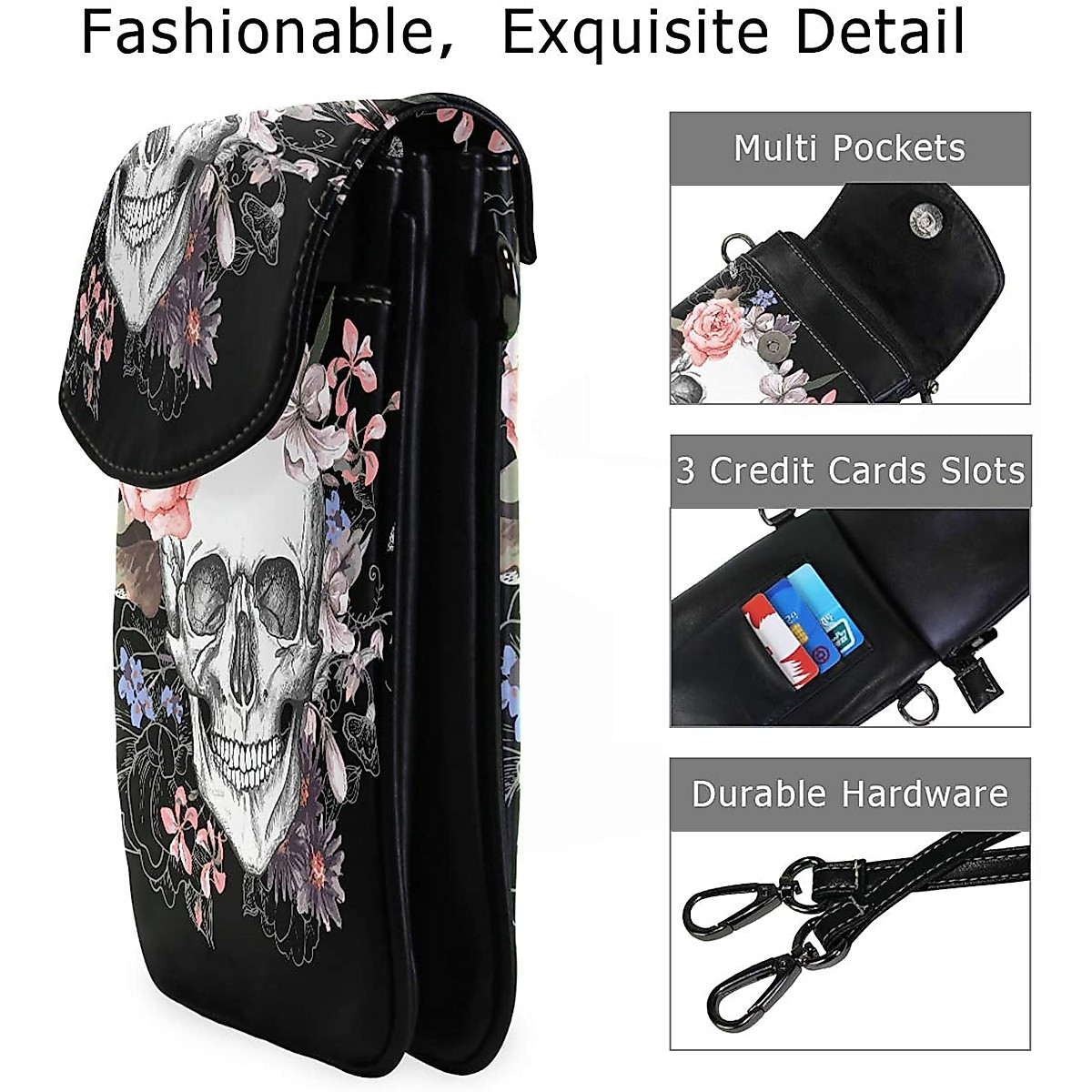 Flower Halloween Sugar Skull Cell Phone Purse Crossbody Bag Pouch Shoulder Bags Wallet for women Girls Travel, 7.6 x 4.9 inches(H x L)