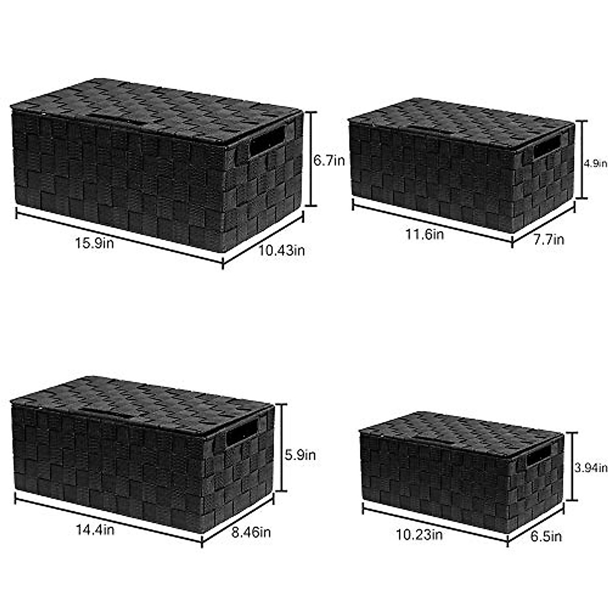 VK Living Storage Baskets Woven Basket Bin Container Tote Cube Organizer Set Stackable Storage Basket Woven Strap Shelf Organizer Built-In Carry Handles (Lid Bins - 4 Pack, Black)