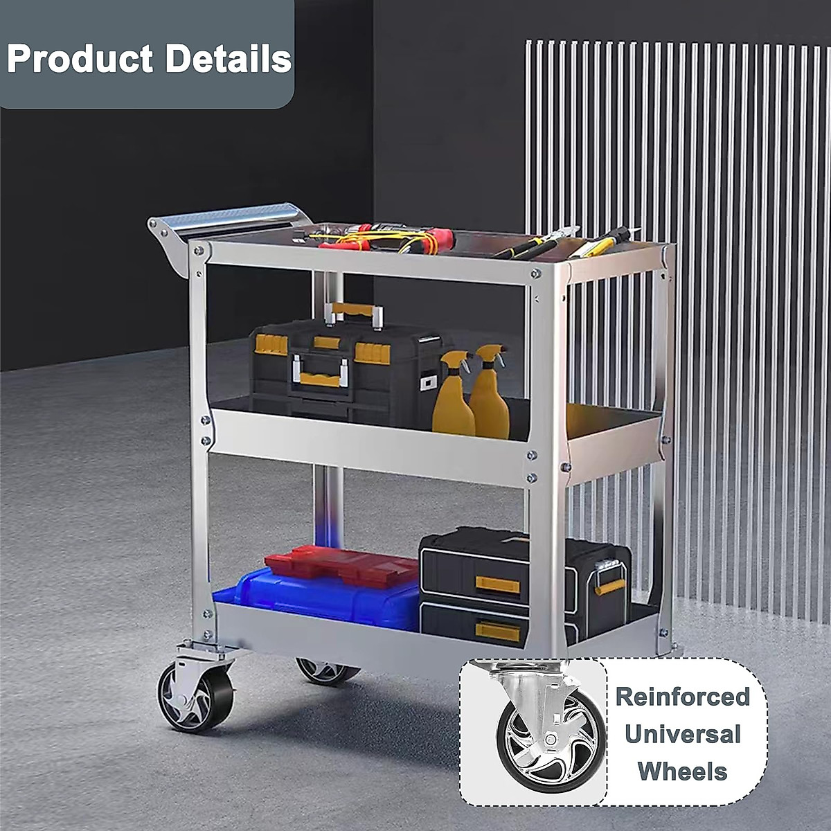 3-Tier Stainless Steel Utility Cart, 1100 lbs Heavy Duty Service Cart with Wheels, Rolling Tool Cart on Wheels, Work Cart for Mechanic, Garage, Workshop, Warehouse, 18.1" D x 30.7" W x 36.2" H