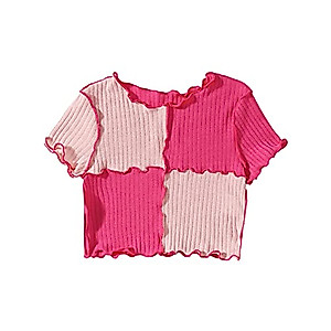 Milumia Girl's Rib Knit Color Block Crop Tee Short Sleeve Lettuce Trim Crewneck Tshirt Pink 11-12 Years