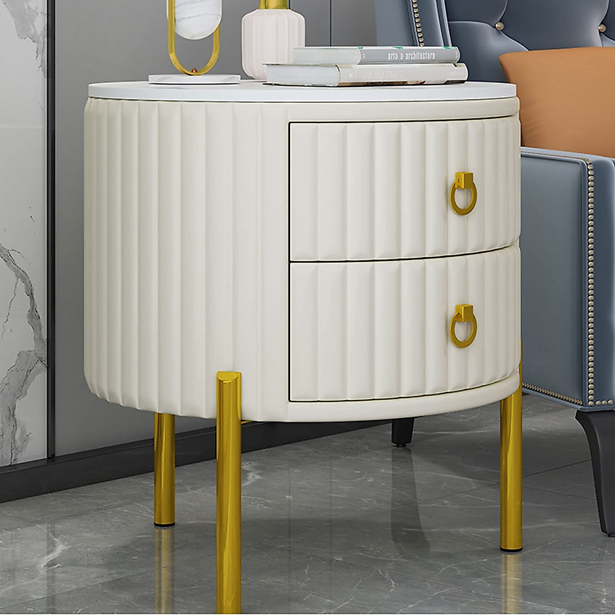 Mobile Side Table Small Side Table with 2 Drawers, Bedside Furniture, Night Stand, End Table with Gold Frame for Bedroom,Living Room, Round Coffee Table Cocktail Table Sofa End Table ( Color : Gold )