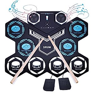 Electronic Drum Set for Adults, Gimigo Electronic Drum Pad with Multicolor LED Digital Display Hand Roll-Up Drum Kit 9 Silicon Durm Pad Built-In Stereo Speaker Bluetooth, MIDI for Kids Beginners