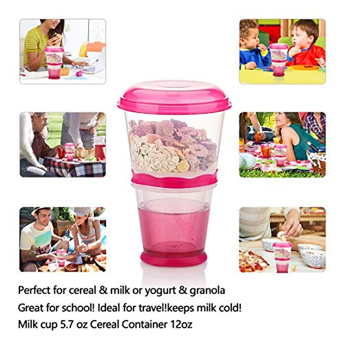 UTOWO Cereal On the Go Cups Travel-To-Go-Food-Containers Storage with Spoon Breakfast Drink-Cups-Portable (Pink)