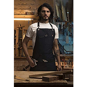 Asaya Chef, BBQ and Work Apron with Bottle Opener and Hand Towel - Durable 10oz Cotton Canvas, Brass Hardware and Cross Back Straps - For Men, Women, Grilling, and Cooking (Black)