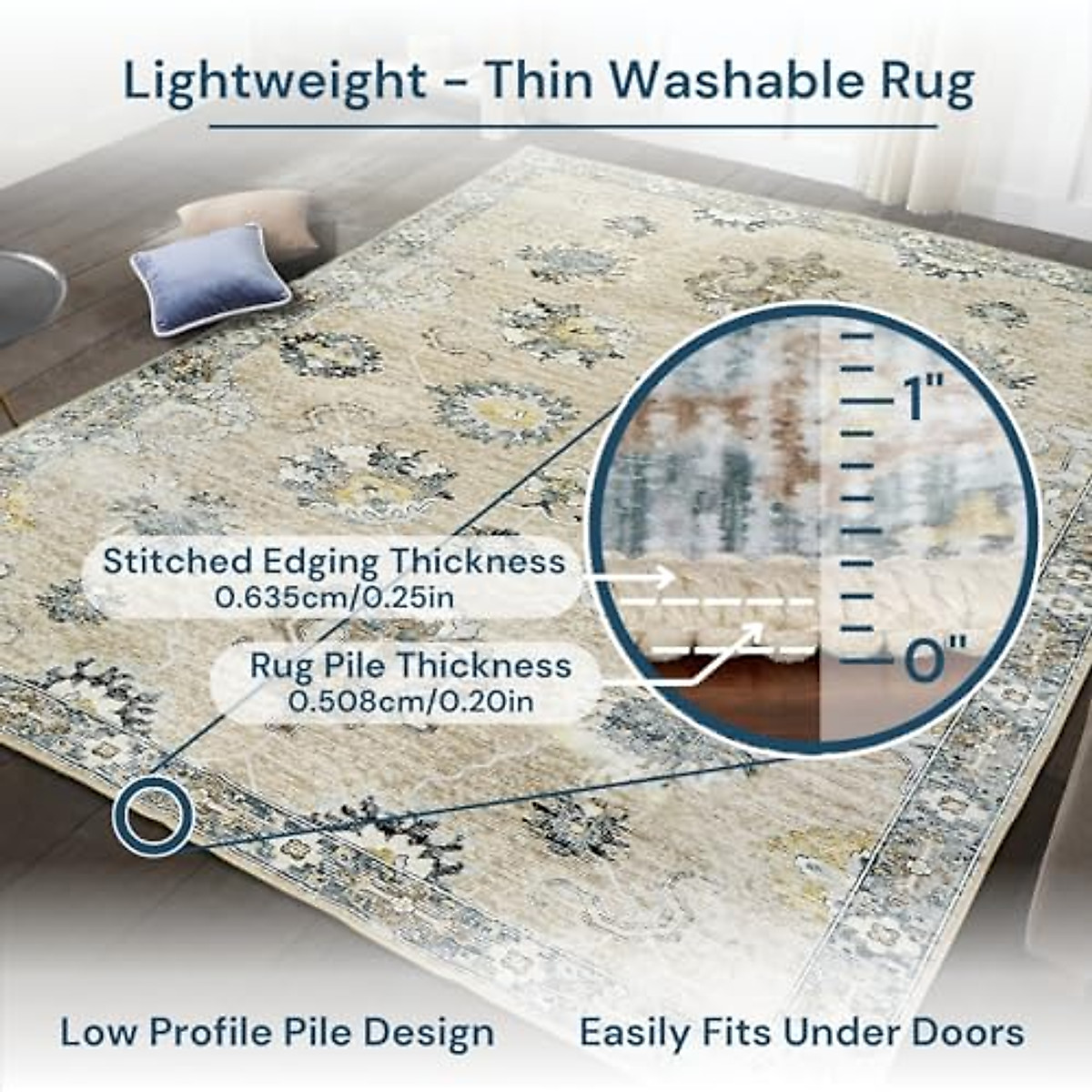 Kaspene Home - Machine Washable Thin 3x5 Area Rug - Oriental Vintage Blue and Brown, Bedroom, Hallway, Bathroom, and Entryway - Stain and Water-Resistant - Non-Slip - Pet and Kid Friendly