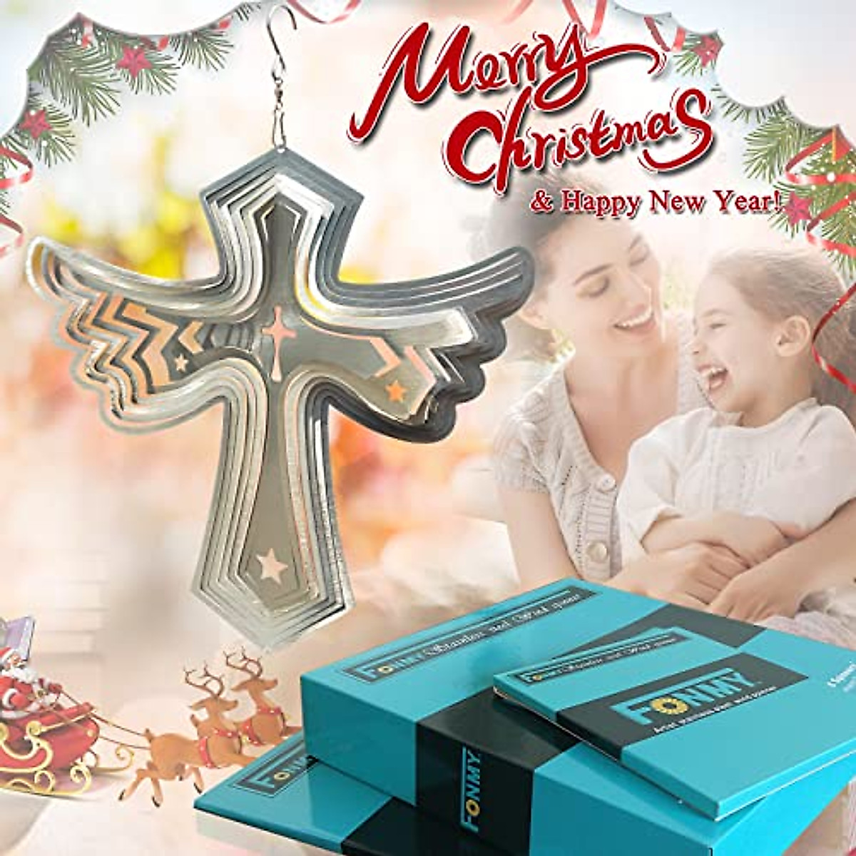 Fonmy Wind Spinner-Angel Wing Christmas Decor. Worth Gift Indoor Outdoor Garden Decoration Crafts Ornaments Metal Art Kinetic Yard Art Decorations 12 inch Silver Color Angel Wing Cross Wind Spinners