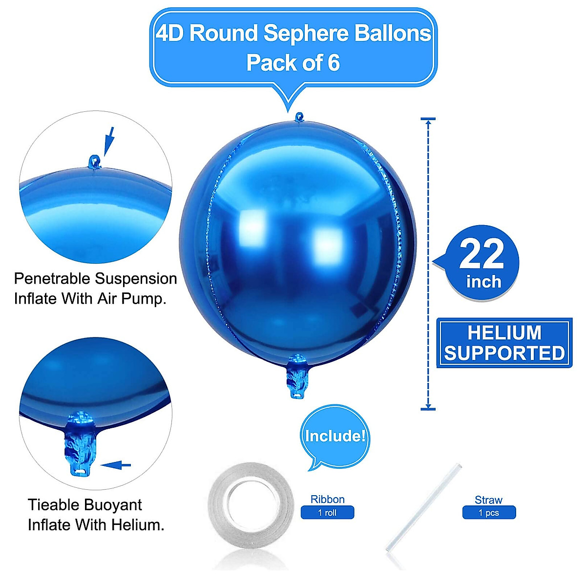 6 Pack Blue Balloons 22 Inch 4D Big Round Foil Balloons Blue Metallic Balloons for Wedding Birthday Bridal Shower Baby Shower Decorations Party Supplies