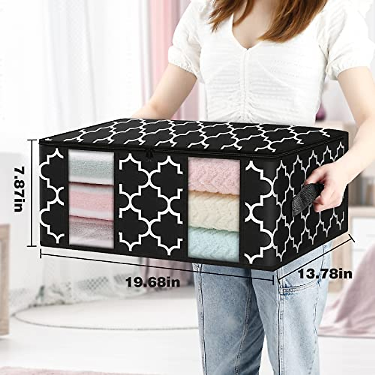 HomeHacks Storage Clothing Storage Bags, Storage Box Clothes Organizer with Clear Windows, Sturdy Handles Clothing Storage for Cloth, Toy, Bedding Storage, 2-Pack,Clover Black