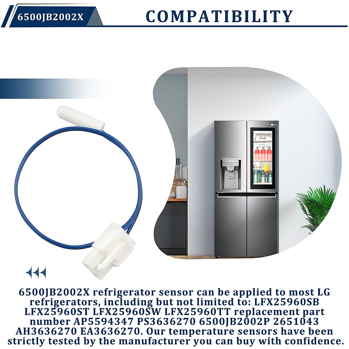 6500JB2002X Refrigerator Temperature Sensor Fits for LG, Replaces AP5594347 PS3636270 6500JB2002P 2651043 AH3636270 EA3636270, Refrigerator Thermistor for LG LFX25960SB LFX25960ST LFX25960SW
