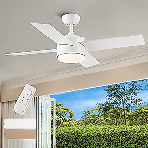 SNJ 44 inch White Ceiling Fans with Lights and Remote, Wood Grain, Low Profile, Modern, Ceiling Fan, Bedroom, Indoor, Outdoor, Home, Fandelier, LED, Dimmable, Tri-Color Temperature, Quiet Reversible