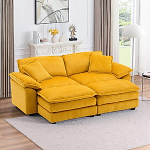 Chaise Longue Indoor with Movable Ottoman, 84.6" Modern Corduroy Loveseat Lounge Sofa Chair with Deep Seat, Upholstered L Shaped Modular Sectional Sofa Couches for Living Room, Apartment, Yellow