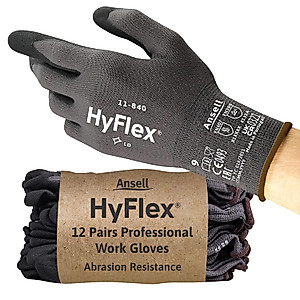 Ansell HyFlex 11-840 Ergonomic Abrasion-Resistant Nylon Spandex Nitrile Coated Industrial Gloves for Automotive, Fabrication - Med (8) Grey (12 Pairs)