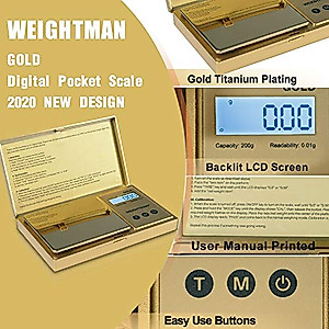 WEIGHTMAN Digital Scale Gram, 200g/0.01g Pocket Scale Gold Titanium Plating, LCD Backlit Display, Mini Jewelry Scale with 6 Units, Auto Off, Tare Function for Food, Herb, Coins, Battery Included