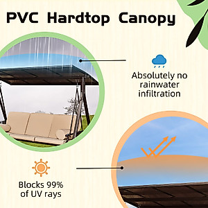 YOLENY 71in Outdoor Porch Swing with Hardtop, 3 Seat Patio Swing with 2 Side Cup Holder, Convertible Backrest Swing Bed with Cushion, 2 Pillows for Front, Porch, Lawn