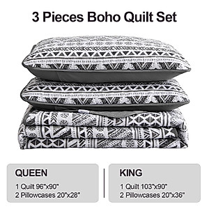 DJY Boho Quilt Set King Size, 3 Pieces Grey White Striped Geometric Bedspread Coverlet Set with 2 Pillowcases Soft Lightweight Microfiber Bohemian Quilt Bedding Set for All Season 103"x90"