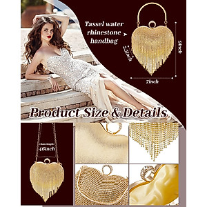 MTLEE 5 Pcs Heart Purse Rhinestone Tassel Evening Clutch Bag Valentine's Day Jewelry Set for Women Wedding Dinner (Gold)