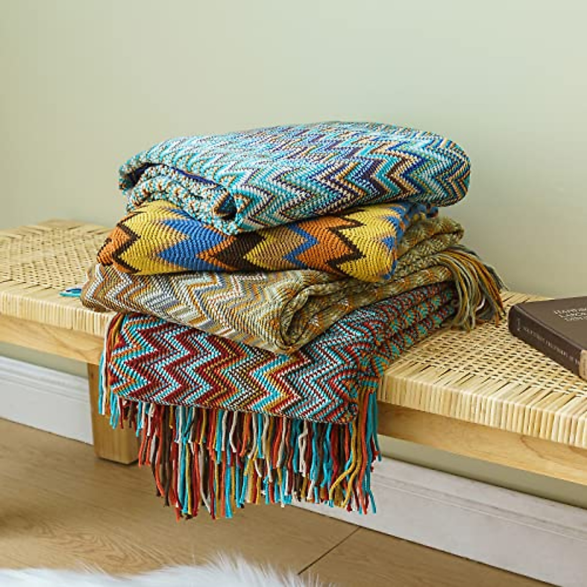 MIULEE Boho Knitted Throw Blanket with Tassel Knit Woven Wave Fringe Crochet Blanket Soft Lightweight Decorative Bohemian Blanket Afghan Hippie Outdoor Warm Throw for Sofa Bed Couch, 50 x 60 Blue