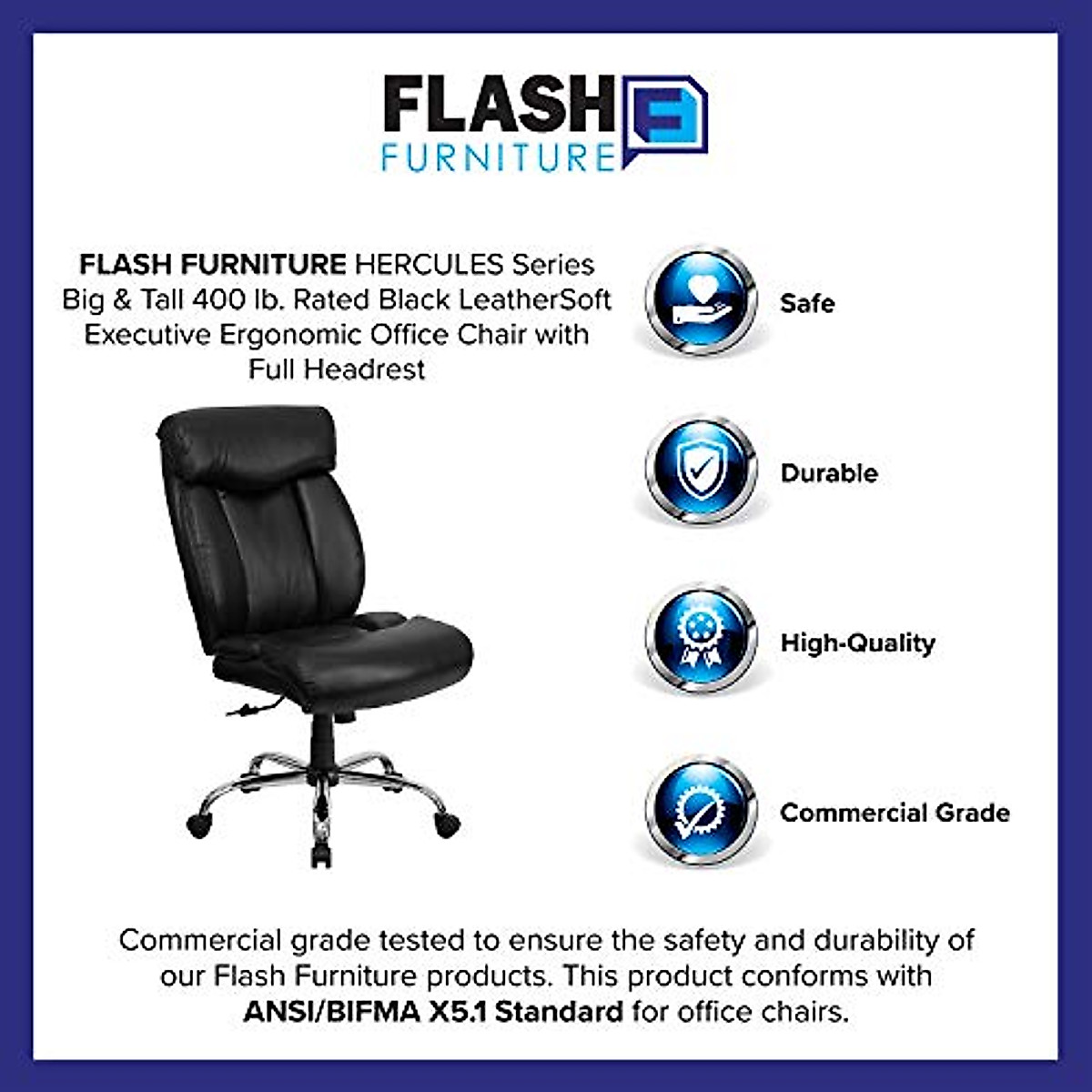Flash Furniture HERCULES Series Big & Tall 400 lb. Rated Black LeatherSoft Executive Ergonomic Office Chair with Full Headrest