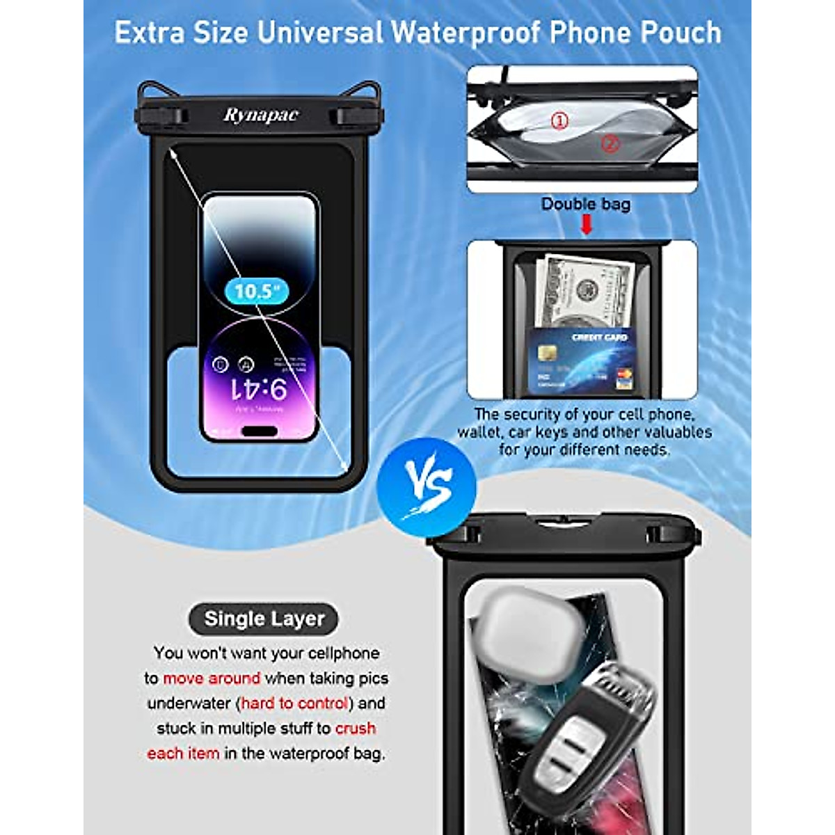 [Up to 10"] Large Waterproof Phone Pouch Bag - 2Pack, Waterproof Case Compatible with iPhone 14 Pro Max/13/12/11/XR/X/SE/8/7,Galaxy S22/S21 Google, IPX8 Cellphone Dry Bag Vacation Essentials Black