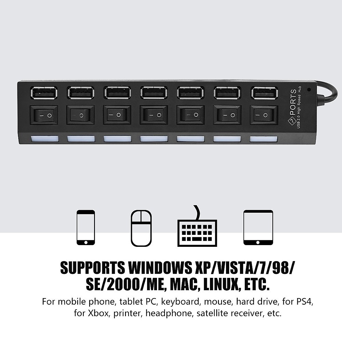 7 Port USB Hub,480Mbps No Conflict Plug & Play USB 2.0 Charger Hub with 7 Independent Switches and Multi-Level for Mobile Phone, Tablet PC, Keyboard, Mouse, Hard Drive, etc