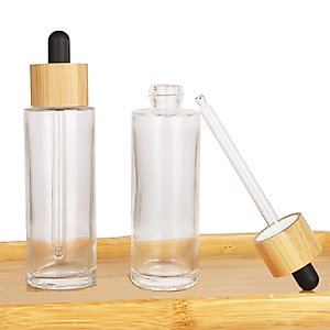 COSIDEA 6 PCS empty 60ml / 2 oz clear glass bottles with wood bamboo dropper lids for serum and essential oil, DIY cosmetics oils containers, travel perfume droppers bottle container