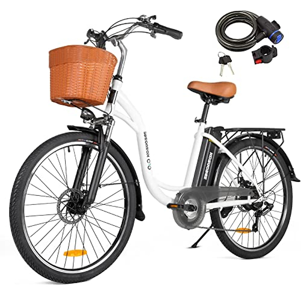 KORNORGE Electric Bike for Adults - 26" City Commuter Ebike, 350W Motor with Removable 36V/12.5Ah Battery, Shimano 6-Speed and Dual Shock Absorber, Electric Cruiser Bike for Female Male.White