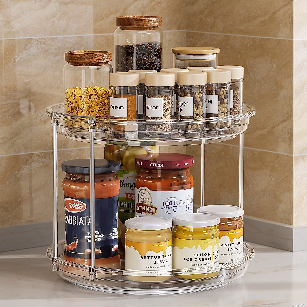 LAMU 2 Tier Lazy Susan Turntable Organizer 9.25'' Rotating Spice Rack Organization for Cabinet, Kitchen, Pantry, Countertop, Bathroom, Vanity, Medicine Cabinet Organizer, Clear