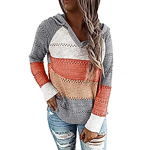 BLENCOT Women's Fall Hoodies Color Block Pullover Sweaters Warm Casual Loose Knitted Hooded Sweatshirts Tops Clothing Gray XL
