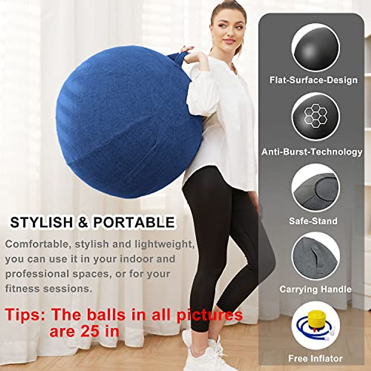 Exercise Ball Chair with Fabric Cover, Pilates Yoga Ball Chair for Home Office Desk, Pregnancy Ball & Balance Ball Seat to Relieve Back Pain, Improve Posture, Birthing Ball for Pregnancy (Blue)