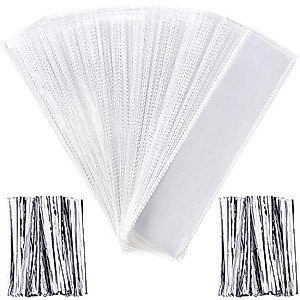 Pangda 200 Pieces Clear Cello Bags Plastic Treat Bags Rectangle Transparent Bags for Chocolate Candies Pretzel Cookies with 200 Pieces Twist Ties (Silver Ties)