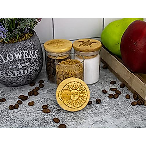 Sun and Moon 60ML Glass Food Storage Container and Decorative Engraved Air Tight Bamboo Lids Multi-Use Jar Herbs, Coffee, Tea, Sugar, Candy Apothecary Accessories for The Bedroom Kitchen Pantry