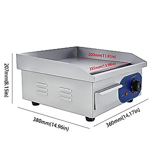 TAIMIKO Commercial Electric Griddle, Electric Flat Top Grill, Stainless Steel Electric Countertop Griddle with Drip Hole, Temperature Control 50-300℃ (14inch)