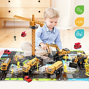 skirtoy Kids Construction Vehicles Playset with Playmat, 18" Crane Toy, 10" Excavator, Tractor, Dump Truck, Cement, 4 Firetrucks, Educational Engineering Toy Set Birthday Gift for Toddler Boy 3+