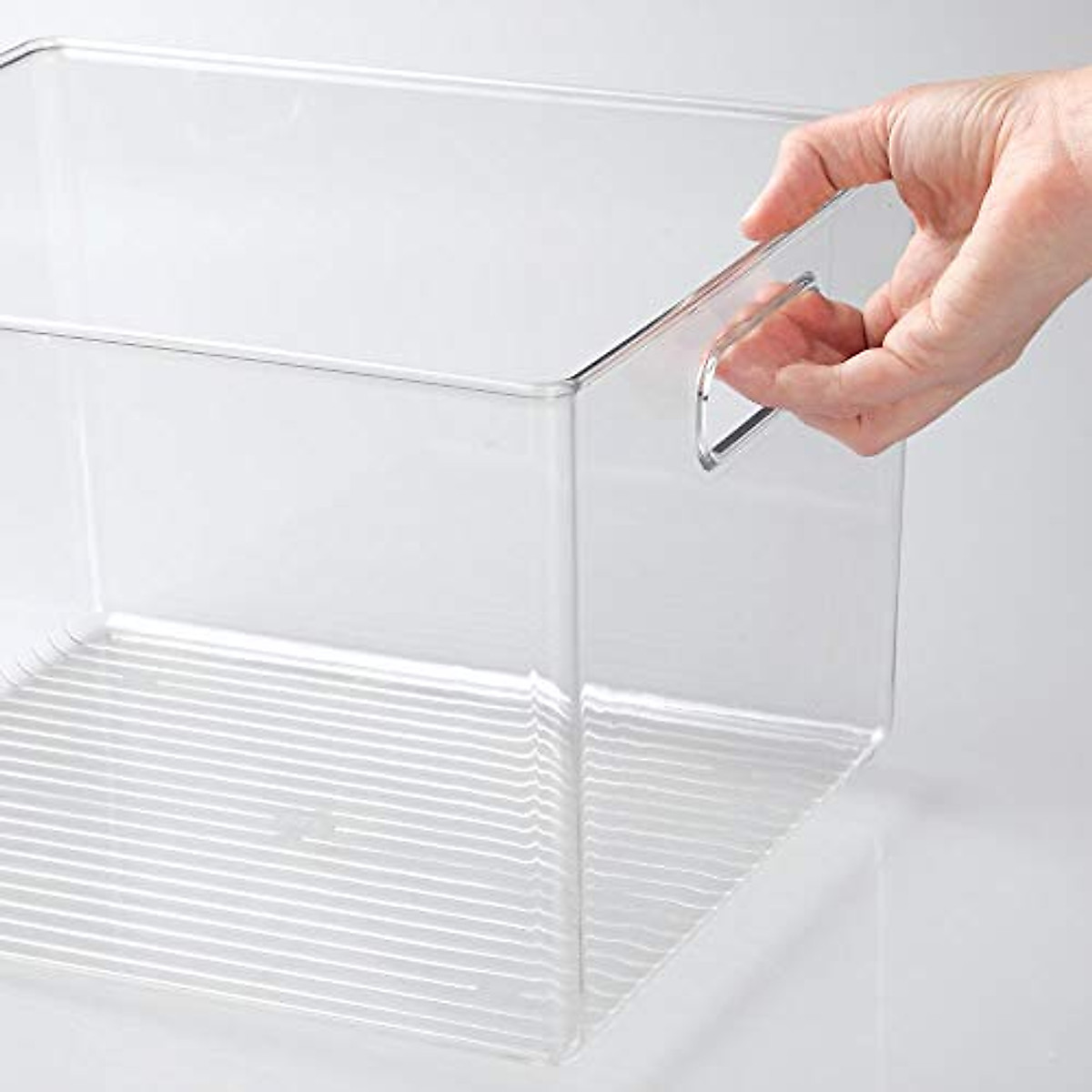 mDesign Plastic Bin Storage Organizer Basket Container with Handle for Home Office, Kitchen Cabinet, Pantry Shelf Organization - Holds Notebook, Books, Food, Ligne Collection - Clear