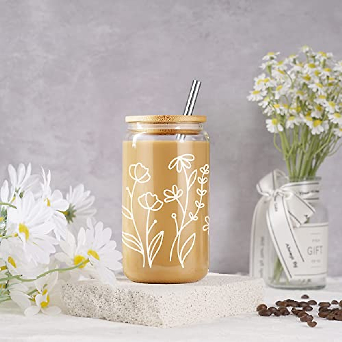 Coolife Floral Iced Coffee Cup - 16oz Can Shaped Drinking Glass Cup w/Bamboo Lid Straw - Aesthetic Cups, Glass Coffee Tumbler, Flower Glass Cups for Beer Smoothie - Birthday Aesthetic Gifts for Women