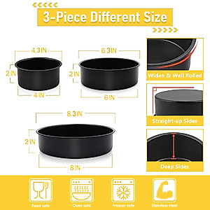 E-far 3-Piece Cake Pan(4/6/8 Inch), Nonstick Stainless Steel Round Baking Cake Pans, Metal Cake Mold Tins for Birthday/Wedding, Stainless Steel Core & Non-toxic Coating, Straight Side & 2 Inch Deep