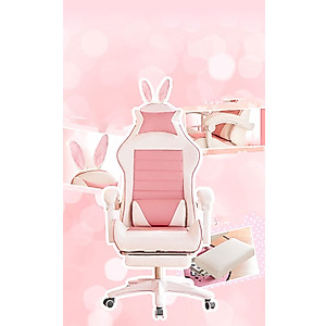 FFLLAS Gaming Chair Pink,Computer Office Chair Cute Pink Rabbit Style, with Retractable Arms and Footrest Adjustable Massage Lumbar Cushion Ergonomic Computer Desk Chair,Purple