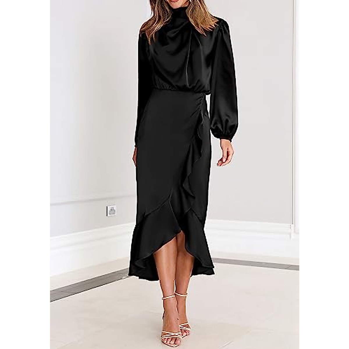 KIRUNDO Women's Fall Satin Mock Neck Wedding Guest Cocktail Midi Dress Long Sleeve Wrap Ruched Ruffle Formal Dresses(Black, Large)