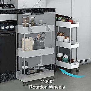 Slim Storage Cart, 3 Tier Mobile Shelving Unit Organizer, Slide Out Rolling Utility Cart Shelf Rack for Kitchen Bathroom Laundry Room Narrow Places, Plastic & Stainless Steel, White