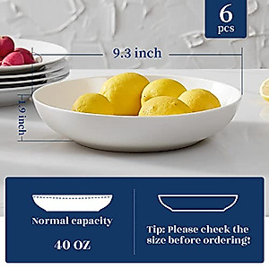 Y YHY 40oz Pasta Bowls, Large Salad Pasta Bowl Set of 6, Shallow Ceramic Soup Bowls, White Bowl Set for Serving, Microwave and Dishwasher Safe, Easy to Clean