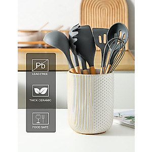 Seyatoo Kitchen Utensil Holder for Countertop, Ceramic Utensil Holder with Cork Mat, Utensil Crocks, Kitchen Tool Holder, Cooking Utensil Holder Organizer for Spatula, White