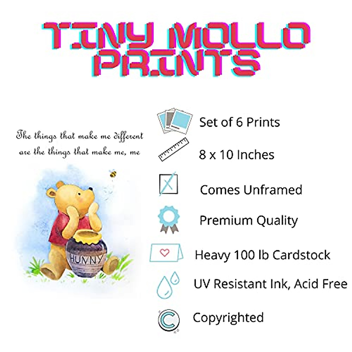 TinyMollo Winnie the Pooh Wall Decor – Unframed Set of 6 Prints, 8x10 Inch, Hand Painted Nursery Wall Decor for Boys and Girls, Kids, Baby’s Nursery Decor Playroom Classic Pooh Bear Friends Piglet