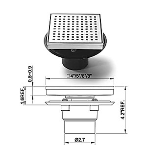 6 inch Square Shower Drain, Square Hole Pattern Shower Drain, Brushed 304 Stainless Steel Linear Drain with Leveling feet & Hair Strainer