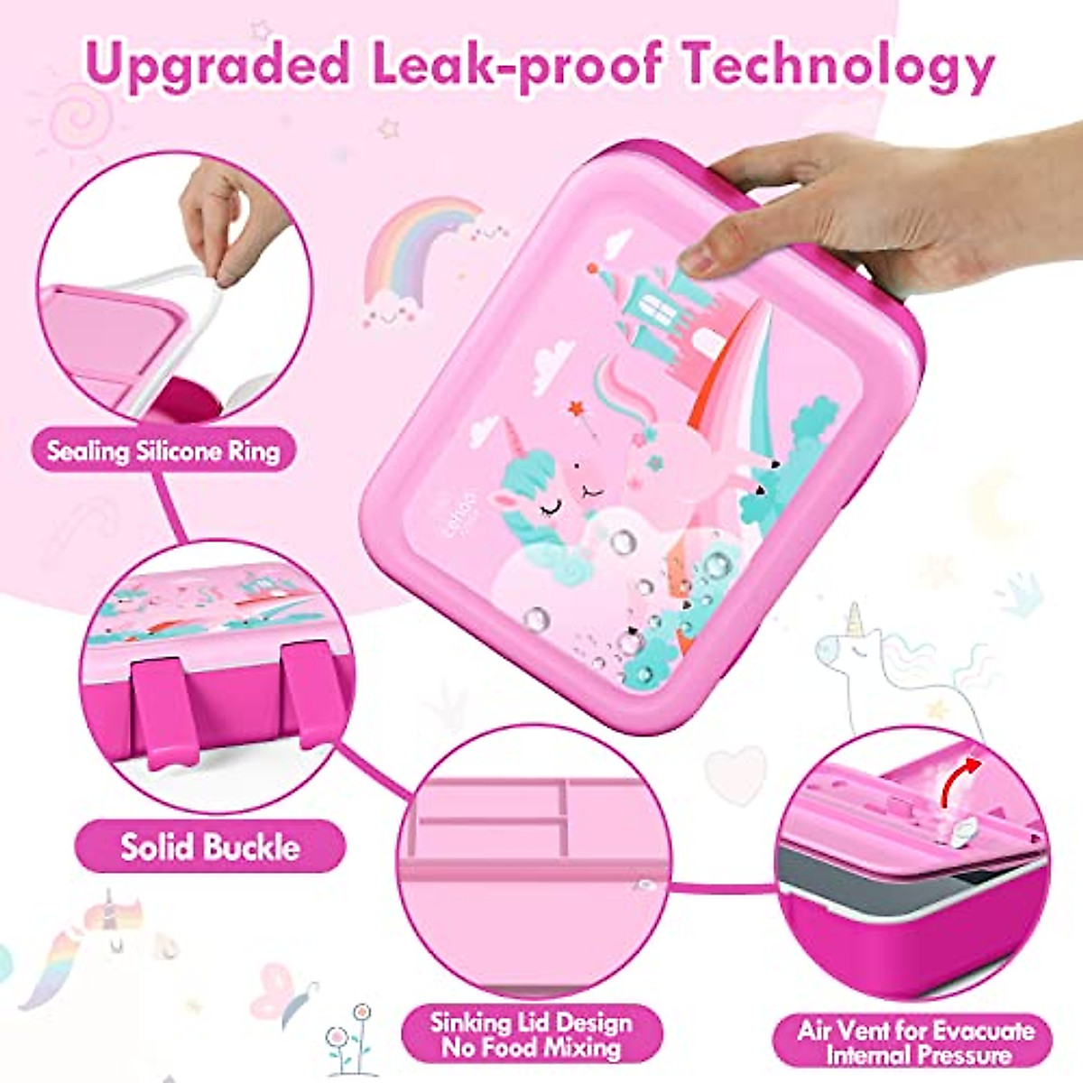 Lehoo Castle Bento Lunch Box for Kids with 5 Compartments,1250ml Lunch Containers with Sauce Jar, Spoon&Fork, Durable, Leak Proof, BPA-Free and Food-Safe Materials (Pink)